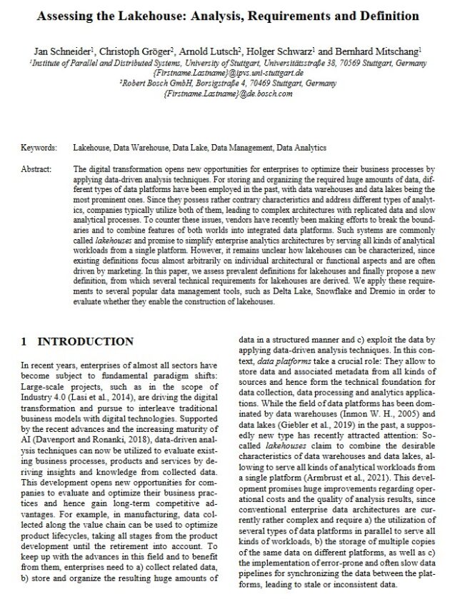 Paper on Lakehouses accepted for ICEIS 2023 – Industrial Data Lab